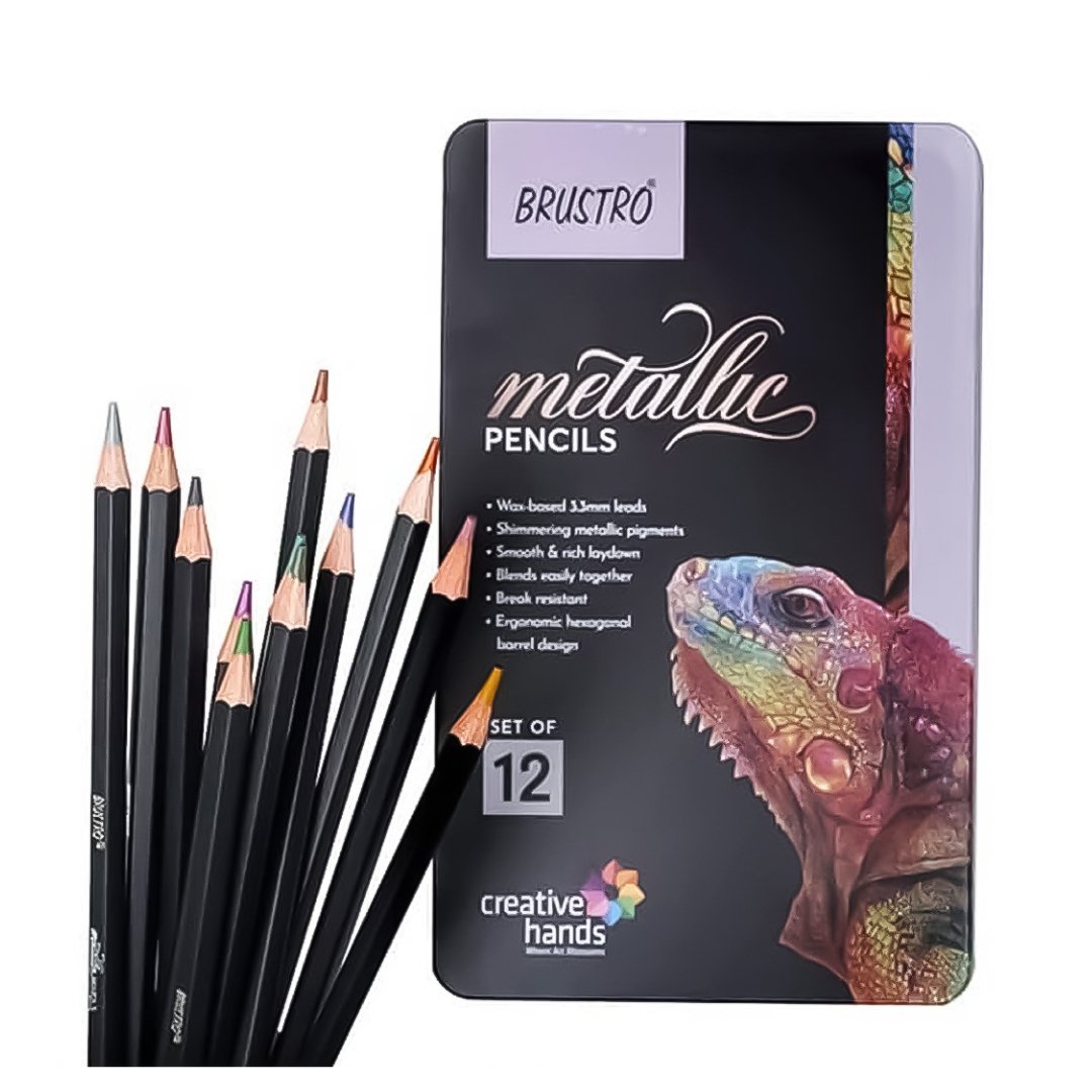 BRUSTRO Metallic Colour Pencils-Set Of 12 - SCOOBOO - BRUSTRO